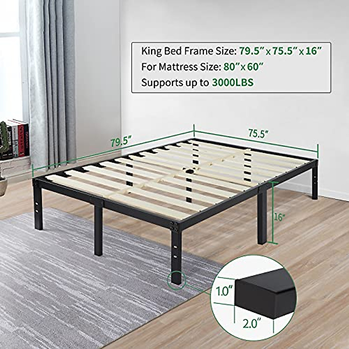 King Bed Frame 16 Inch, NOAH MEGATRON Heavy Duty Bed Frame with Wooden Slats, 16 Inch Mattress Foundation/ No Box Spring Needed (King)