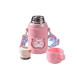 17 oz Kids Insulated Water Bottles with Sleeve - BPA Free Leakproof Sport stainless steel Motivational Water Bottle with Straw & Strap & Insulated Neoprene Holder Great Gift for Kids Women Men (Pink)