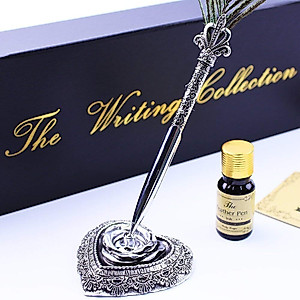 SpyShop Peacock Feather Pen Quill Ink Pen Set- Antique Feather Writing Dip Ink Pent Handmade Heart-Shaped Pen Holder Writing Dip Pen Calligraphy Gift Set