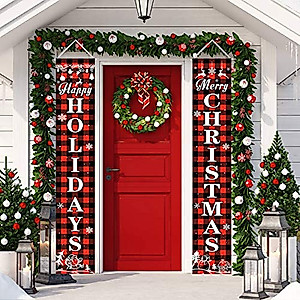 Unves Christmas Porch Sign, Red Black Buffalo Plaid Happy Holidays & Merry Christmas Banners Hanging Christmas Decorations for Home Yard Indoor Outdoor Front Door Wall