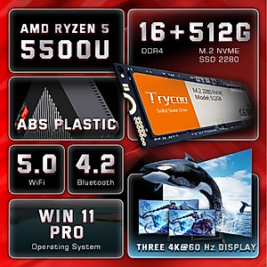 Trycoo HA-3 Mini PC,AMD Ryzen 5 5500U Processor(4.0Ghz),16GB RAM 512GB SSD,Windows 11 Pro Mini Desktop Computer,4K@60Hz Output HD 2.0/Type-C/WiFi 6 /BT5.2 /USB3.2 /Gigabit Ethernet/