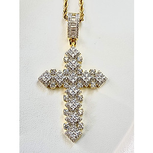 Custom Cross Men Women 925 Italy Gold Finish Iced Silver Charm Ice Out Pendant Stainless Steel Real 3 mm Rope Chain , Mans Jewelry, Iced Pendant, Rope Necklace 16"- 24" (24" Chain + Pendant Set)