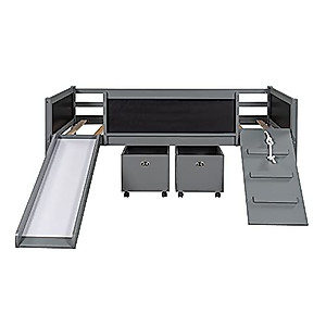 Low Loft Bed with Slide, Twin Loft Bed with Storage Boxes, Wood Twin Low Loft Bed Frame with Climbing Ladder and Chalk Board for Kids Boys Girls Teens, Grey