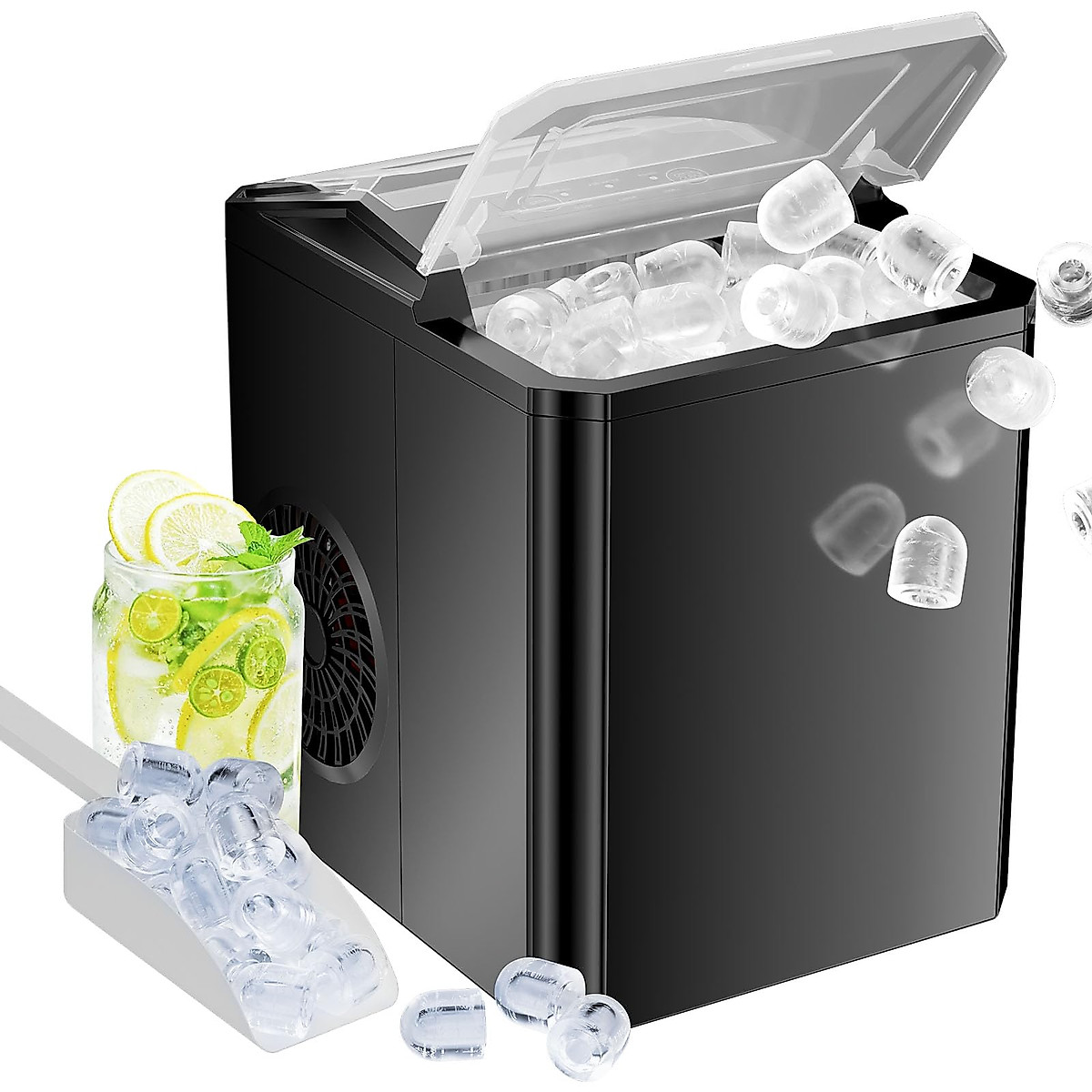 OLIXIS Ice Maker Countertop, 9 Cubes Ready in 6 Mins, 26lbs in 24Hrs, Self-Cleaning Ice Machine with Ice Scoop and Basket, 2 Sizes of Bullet Ice, Bright Black