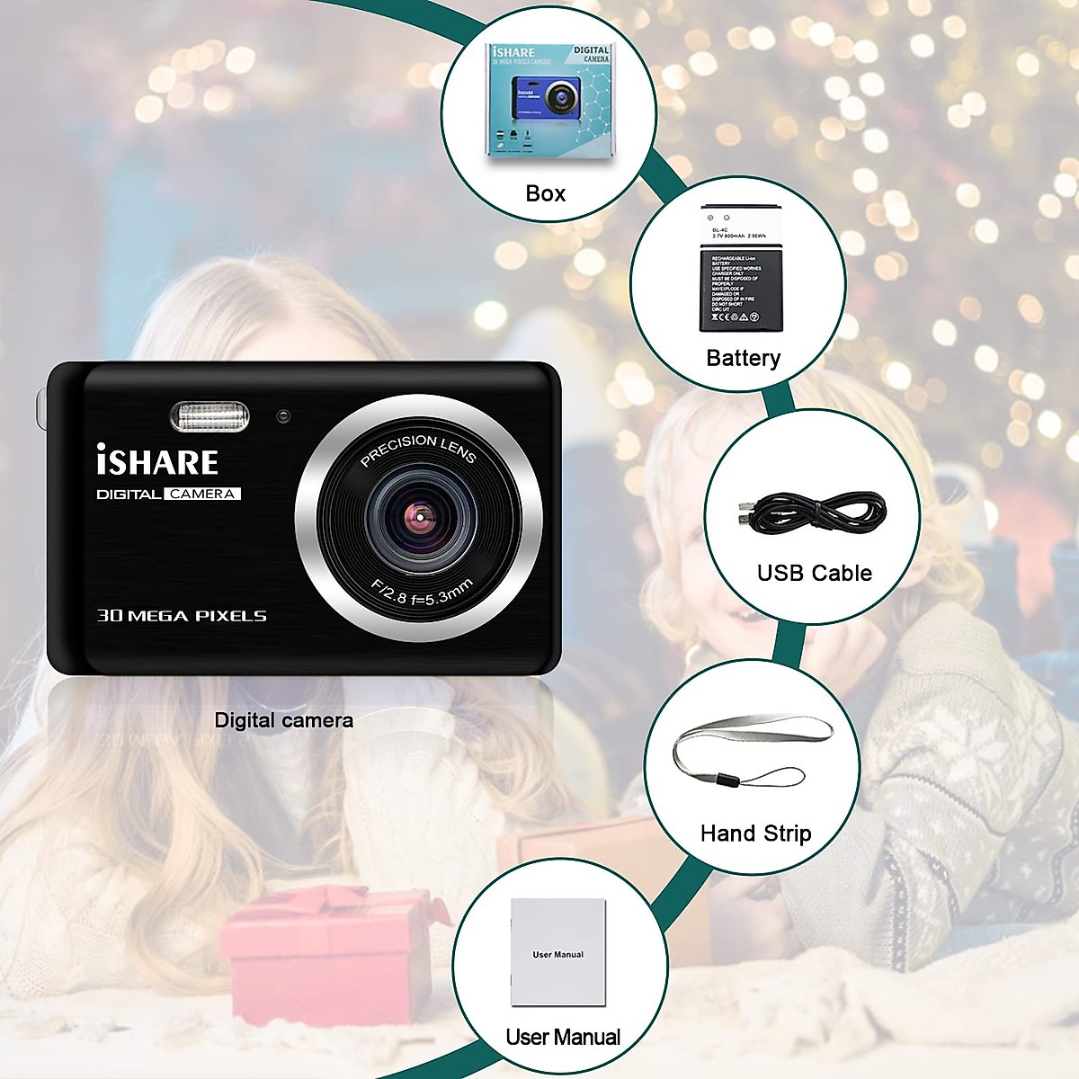Digital Camera for Photography, 30MP Rechargeable Point and Shoot Digital Camera with 2.8" LCD 18X Digital Zoom for Kids Teens Elders（Black）
