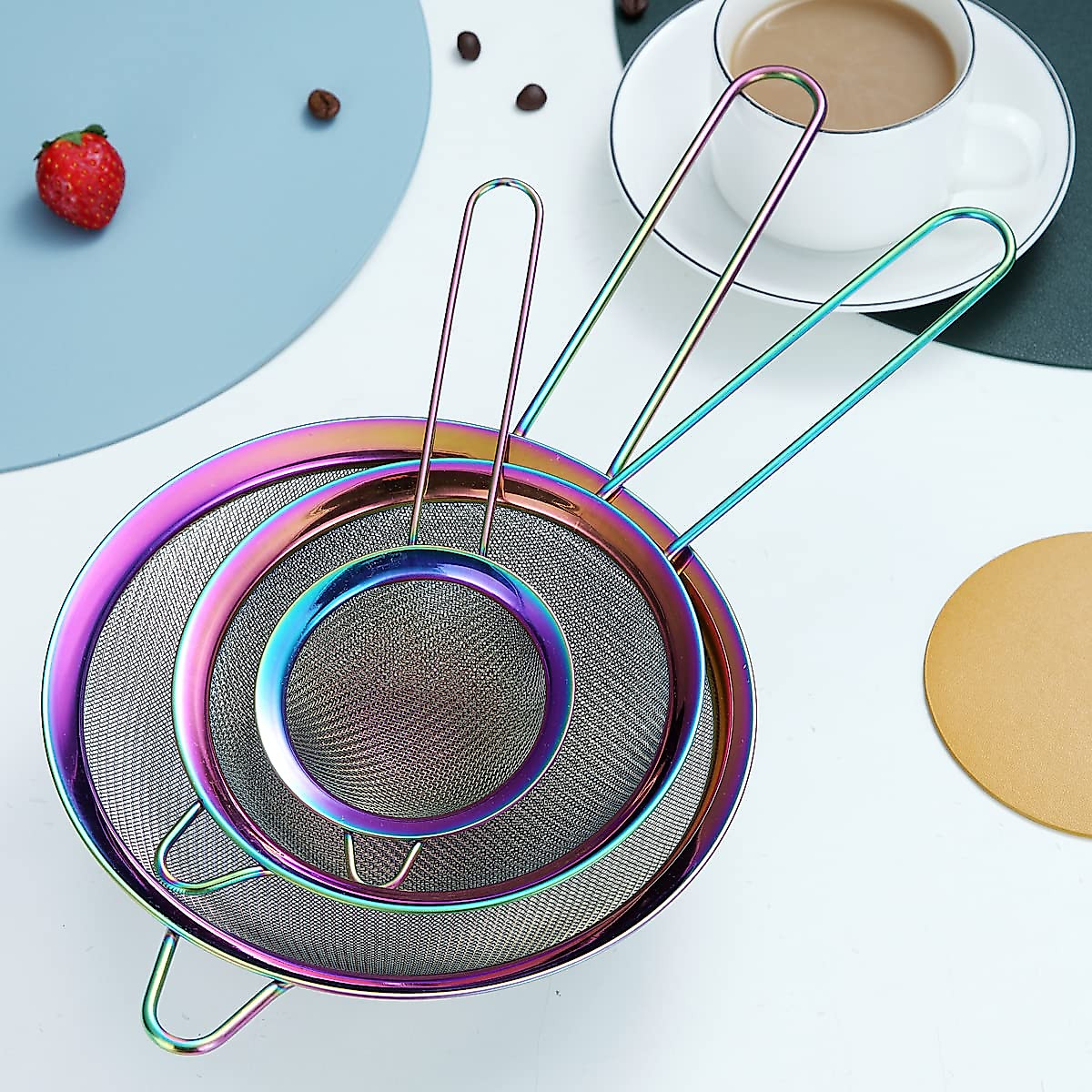 Kyraton Rainbow Fine Mesh Strainer 3 Pieces Set, Copper Flour Sifter For Baking, Stainless Steel Clander, Matcha Tea Strainer, Gravy Separator, Stasher Sieve Pasta Strainers