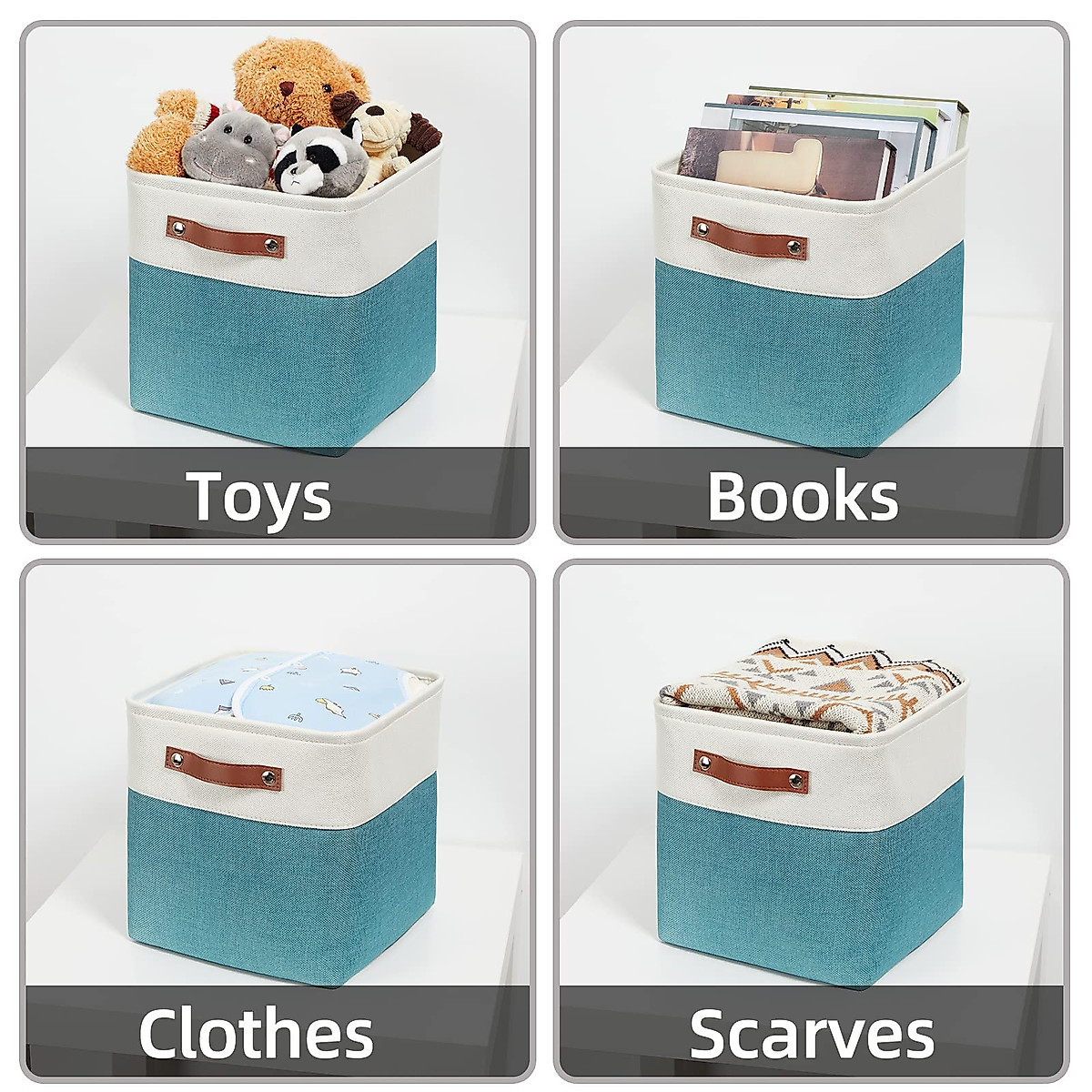 HNZIGE Fabric Storage Cube Bins Baskets for Organizing, 11 inch Cube Storage Bins, Set of 8, Collapsible Storage Bin with Handles, Closet Organizers and Storage Home Toy Nursery Bedroom(White Teal)