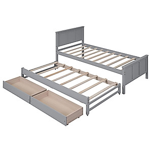 Merax Wood Bed with Trundle and 2 Drawers Twin Daybed Frame for Kids Teens Adults/No Box Spring Needed Grey
