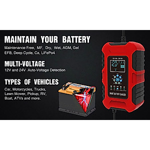 Foxsur 10-Amp 7-Stage Car Battery Charger for Wet/GEL/SLA/LiFePO4/Lead-Acid/AGM Batteries, 12V/ 24V Smart Battery Charger/Maintainer, for ATVs/Golf Cart/Motorcycle/Automobile/Marine etc Quick Charger