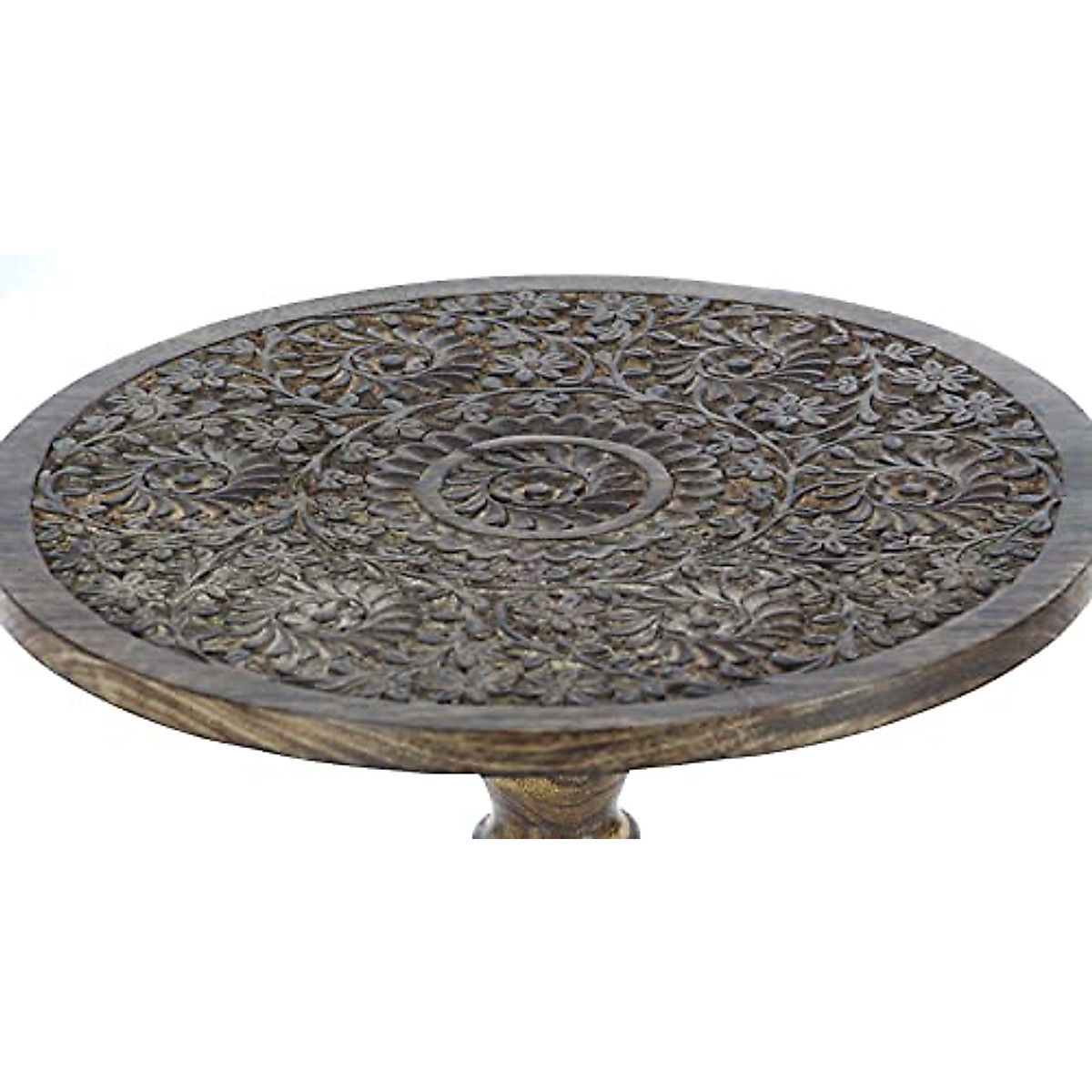 Deco 79 Mango Wood Floral Handmade Intricately Carved Accent Table, 17" x 17" x 21", Dark Brown