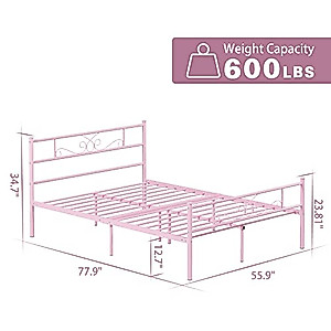 Weehom Full Size Bed Frame with Headboard and Footboard Under Bed Storage Steel Slat Support Metal Bed No Box Spring Needed Easy to Assembly,Pink