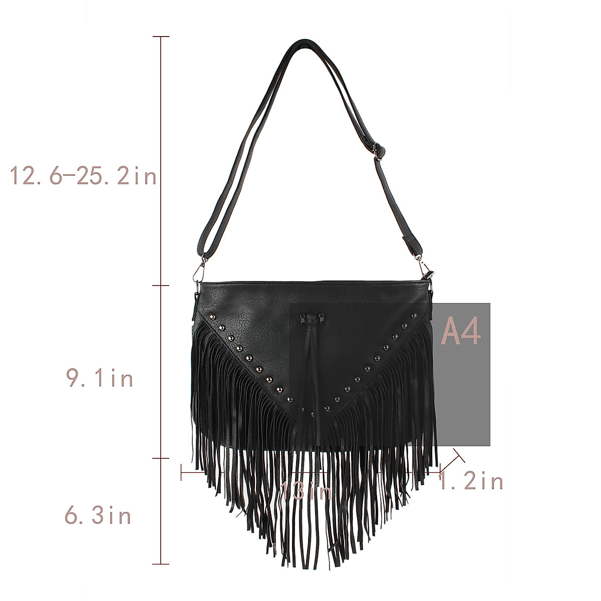 Hoce Women’s Leather Fringe Messenger Bag Hobo Crossbody Tassel Shoulder Bags, Black