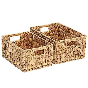FairyHaus Wicker Baskets 15x11x7" & 13.4x9.5x6.5", 2 Pack Handmade Big Wicker Storage Basket with Handles, Natural Water Hyacinth Wicker Baskets for Storage Shelves Organizing, Rectangle Wicker Basket