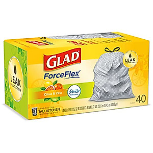 GLAD ForceFlex Tall Drawstring Trash Bags, 13 Gallon Grey Trash Bags for Tall Kitchen Trash Can, Citrus & Zest with Febreze Freshness to Eliminate Odors, 40 Count - Packaging May Vary