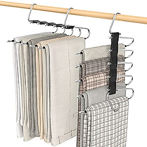Loretoy 2 Pack Pants Hangers Space Saving, Anti-Slip Multi-Functional Pants Rack, Thickened Stainless Steel Tube with 10 Metal Clips, Two Hanging Modes Suitable for Jeans Trousers Skirts Scarf-Black