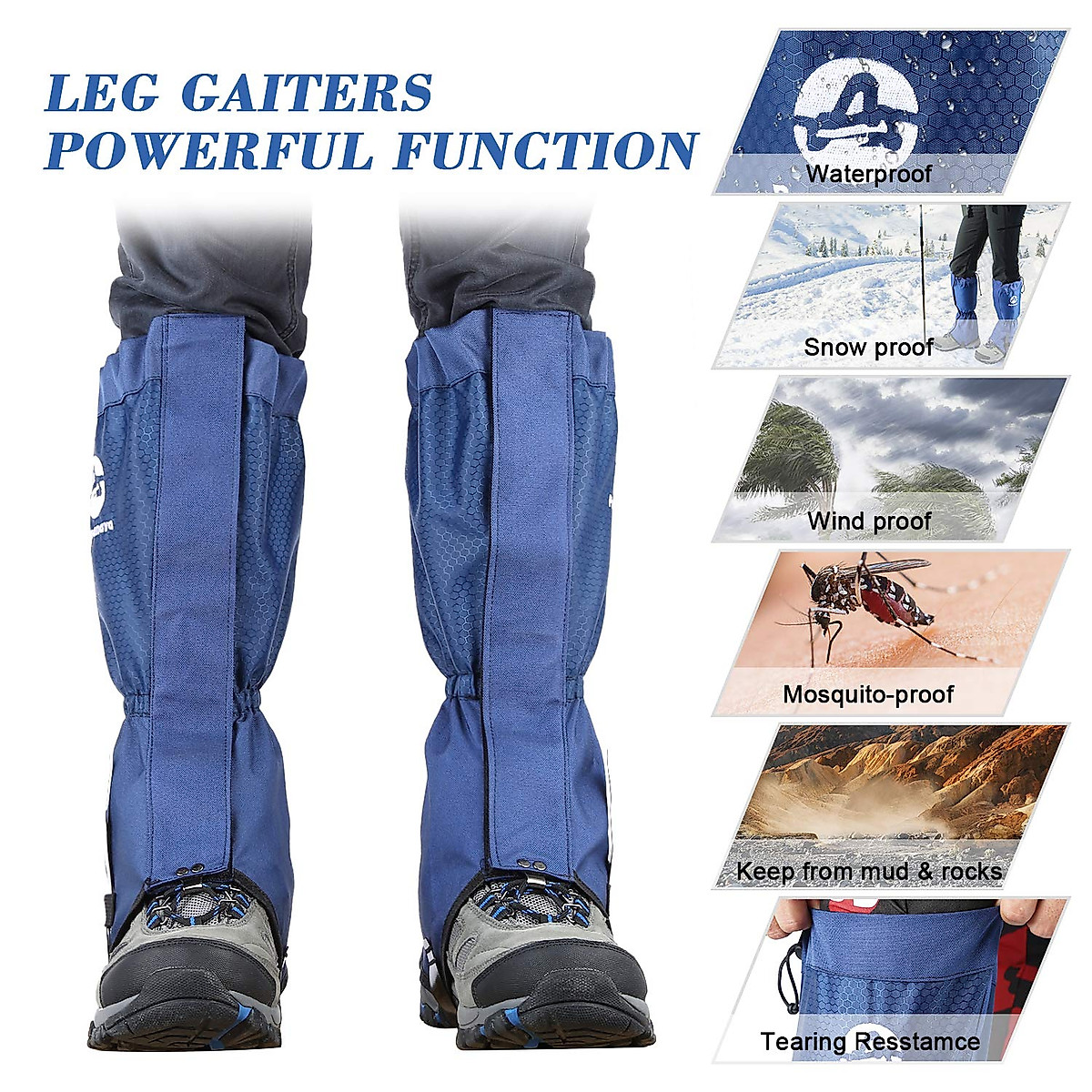 Pasanava Leg Gaiters Waterproof and Adjustable Snow Boot Gaiters One Size for Hiking,Walking,Hunting,Backpacking and Outdoor Climbing for Men and Women (Blue)