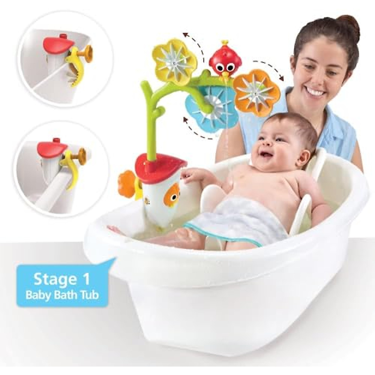 Yookidoo Baby Bath Mobile - Spinning Flowers and Swiveling Fountain for Newborn and Toddler Bath Time Sensory Development (Tub Not Included) - Attaches to Any Size Tub Wall - 0-2 yrs.