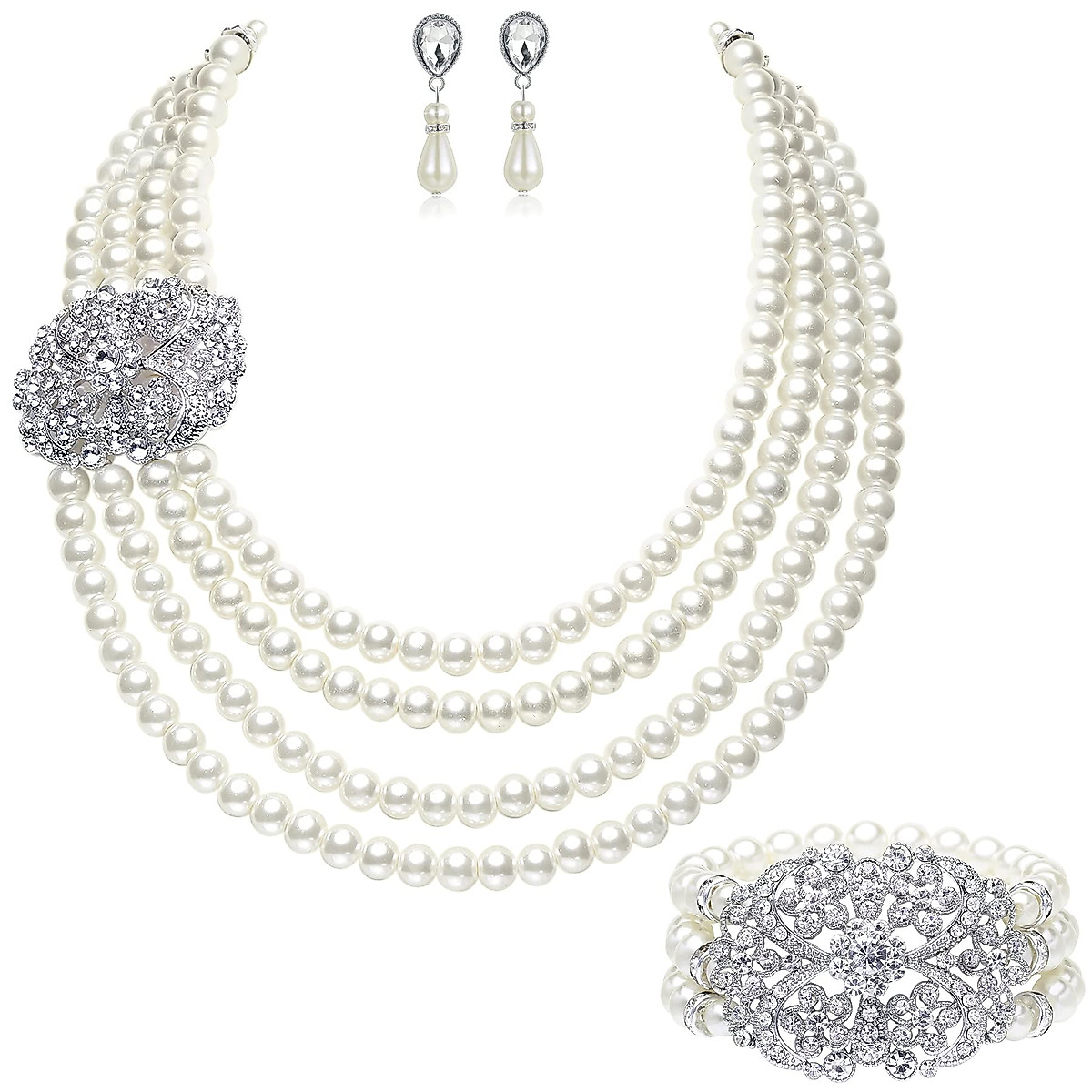 BABEYOND 1920s Gatsby Pearl Necklace Vintage Bridal Pearl Necklace Earrings Jewelry Set Multilayer Imitation Pearl Necklace with Brooch (Style 4-Silver)
