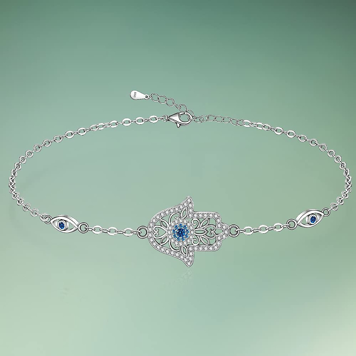 Hamsa Hand Evil Eye Bracelet for Women Sterling Silver Dainty Cute Crystal Round Blue Evil Eye Fatima Bracelets