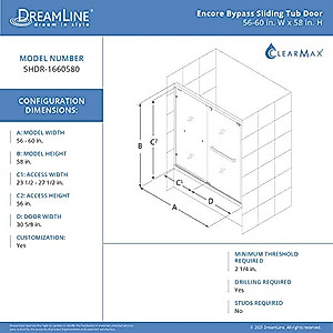 DreamLine Encore 56-60 in. W x 58 in. H Semi-Frameless Bypass Tub Door in Oil Rubbed Bronze, SHDR-1660580-06