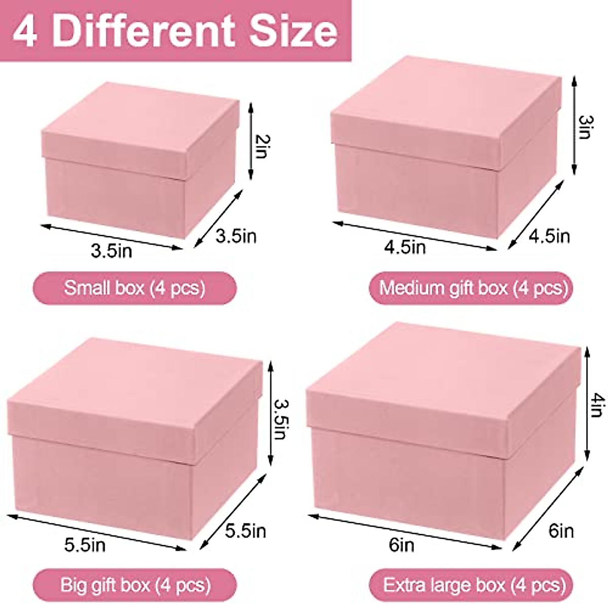 Yahenda 16 Pack Square Gift Boxes with Lids Gift Box 4 Assorted Sizes Nesting Gift Boxes with Lids for Presents Wedding Bridesmaid Birthday Party Favor Boxes (Pink)