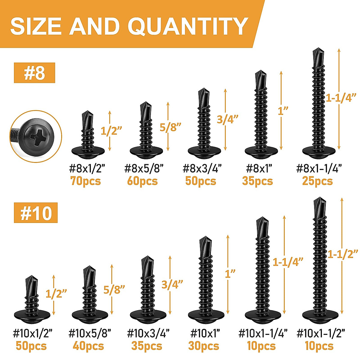 VIGRUE 425PCS #8#10 Black Self Tapping Screws for Metal, 425PCS (410) Stainless Steel Modified Truss Head Sheet Metal Self Drilling Screws Assortment Kit, Black Oxide, Length 1/2" to 1-1/2''