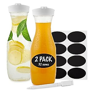 Plastic Juice Carafe with Lids (Set of 2) 32 oz Carafes for Mimosa Bar, Drink Pitcher with Lid, Water Bottle, Milk Container, Clear Beverage Containers for Fridge, Pantry Storage, Round Pitchers
