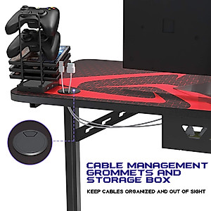 It's_Organized 47 inch Gaming Desk Racing Style Computer Desk with Free Mouse pad, T-Shaped Professional Gamer Game Station with USB Gaming Handle Rack, Cup Holder & Headphone Hook,Black