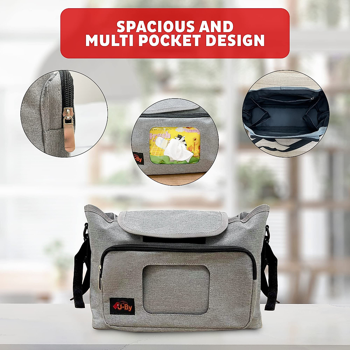 .p U-By Baby Stroller Organizer with Cup Holder - Diaper Bag Organizer with Detachable Shoulder Strap - Stroller Bag Organizer for Bottle, Diapers, Toys, Baby Accessories - Fits All Strollers