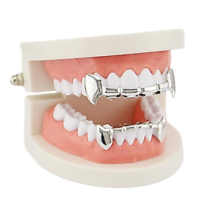 OOCC 18K Gold Plated Hip Hop Teeth Grillz Caps Iced Out CZ Top and Bottom Vampire Fangs Grillz for Your Teeth (Silver)