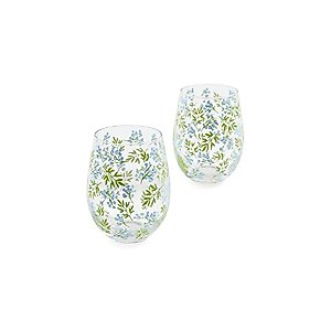 Two's Company Women's Countryside Stemless Wine Glass Set of 2, Blue/Green, One Size