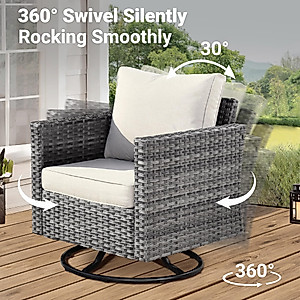 ovios 6 Pieces Patio Furniture Set with Square Fire Pit Table, Swivel Rocking Chairs, Loveseat, Outdoor High Back Wicker Rattan Conversation Set for Deck Porch, Beige