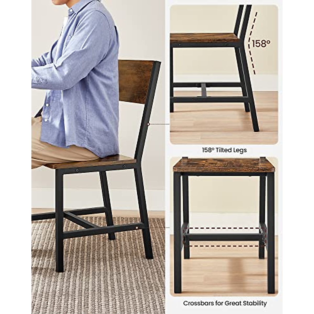 VASAGLE Dining Chair Set of 2, Rustic Wood Chairs with Metal Steel Frame, Easy to Assemble, Stable, Comfortable Seat, Modern Farmhouse Chair for Kitchen, Bedroom, Living Room, Rustic Brown and Black