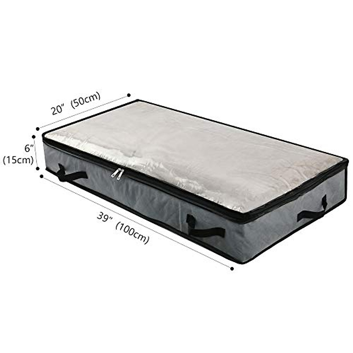 2pcs Soft Foldable Fabric Under Bed Storage Bags, Blankets Clothes Comforters Storage Organizer for Bedroom and Closet with Transparent Window, 4 Handles, Zipper, 39x20x6in, Grey