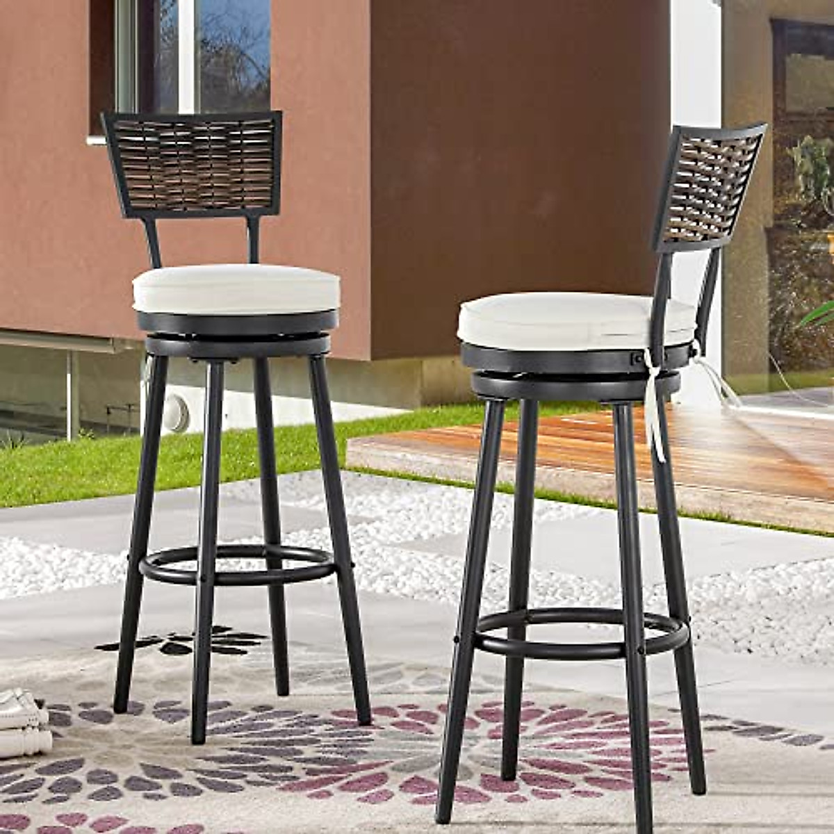 PatioFestival Patio Swivel Bar Stools Outdoor Bar Height Chairs Armless Rattan Back All-Weather Patio Furniture with Cushion,2 Pack