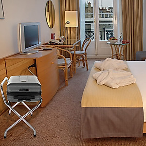 Therwen 4 Pack Steel Folding Foldable Luggage Rack with Back Suitcase Stand Shelf with Support Bar Folding Metal Suitcase Stand with Belts for Bedroom Hotel Guest Room, Chrome Silver