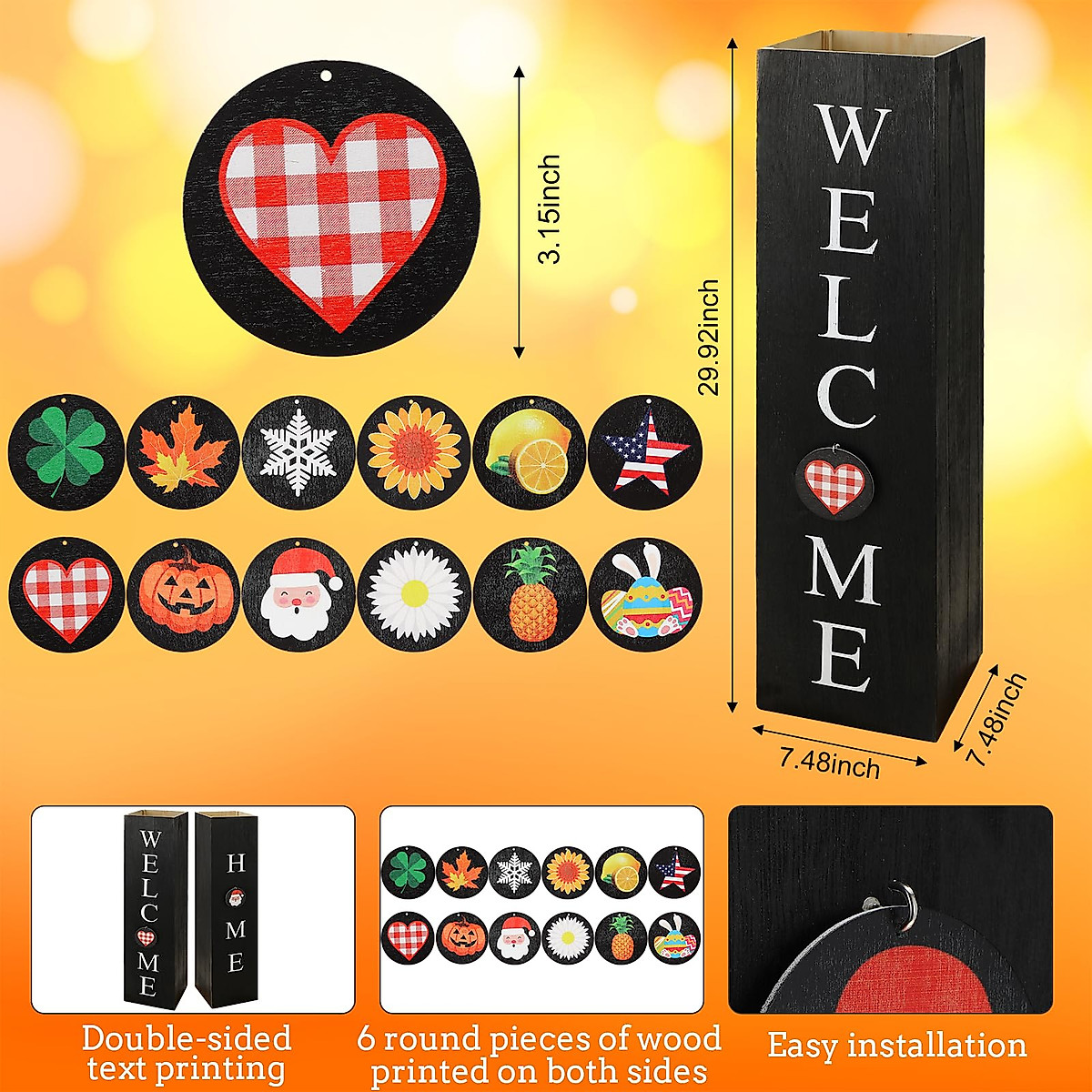 Barydat 30" Wooden Welcome Porch Sign for Front Door Decor Rustic Double Sided Box Shaped Welcome Home Sign Vase with 6 Interchangeable Wooden Hanging Accessories for Farmhouse Yard (Black)