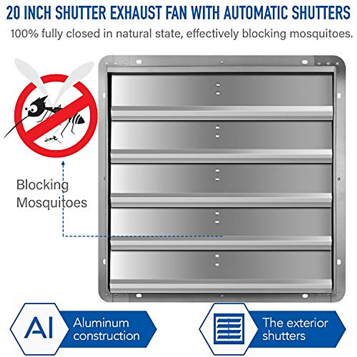 20 Inch Shutter Exhaust Fan Aluminum High Speed 1190RPM, 3368 CFM, Silver, with Adjustable Programmable Thermostat