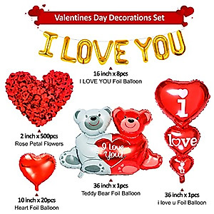 Valentines Day Balloons Decorations Kit - Teddy Bear Foil Balloons| 20Pcs Mylar Red Heart Shaped Balloons | I LOVE YOU Balloons & Red Balloons| 500Pcs Artificial Fake Rose Petals for Valentines Day