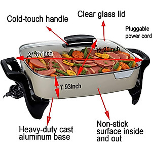 ReLdas Electric Skillet with Lid, Non-Stick, Electric Frying Pan Extra Large 16-Inch Skillet, Ceramic, Adjustable Temperature, Cool-Touch Handle