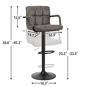 Finnhomy Bar Stools Set of 2 Counter Height, Swivel Barstools with Armrest and L Shape Thicken Cushion Back, Height Adjustable Modern Bar stools for Kitchen, Vintage Leather, Retro Grey