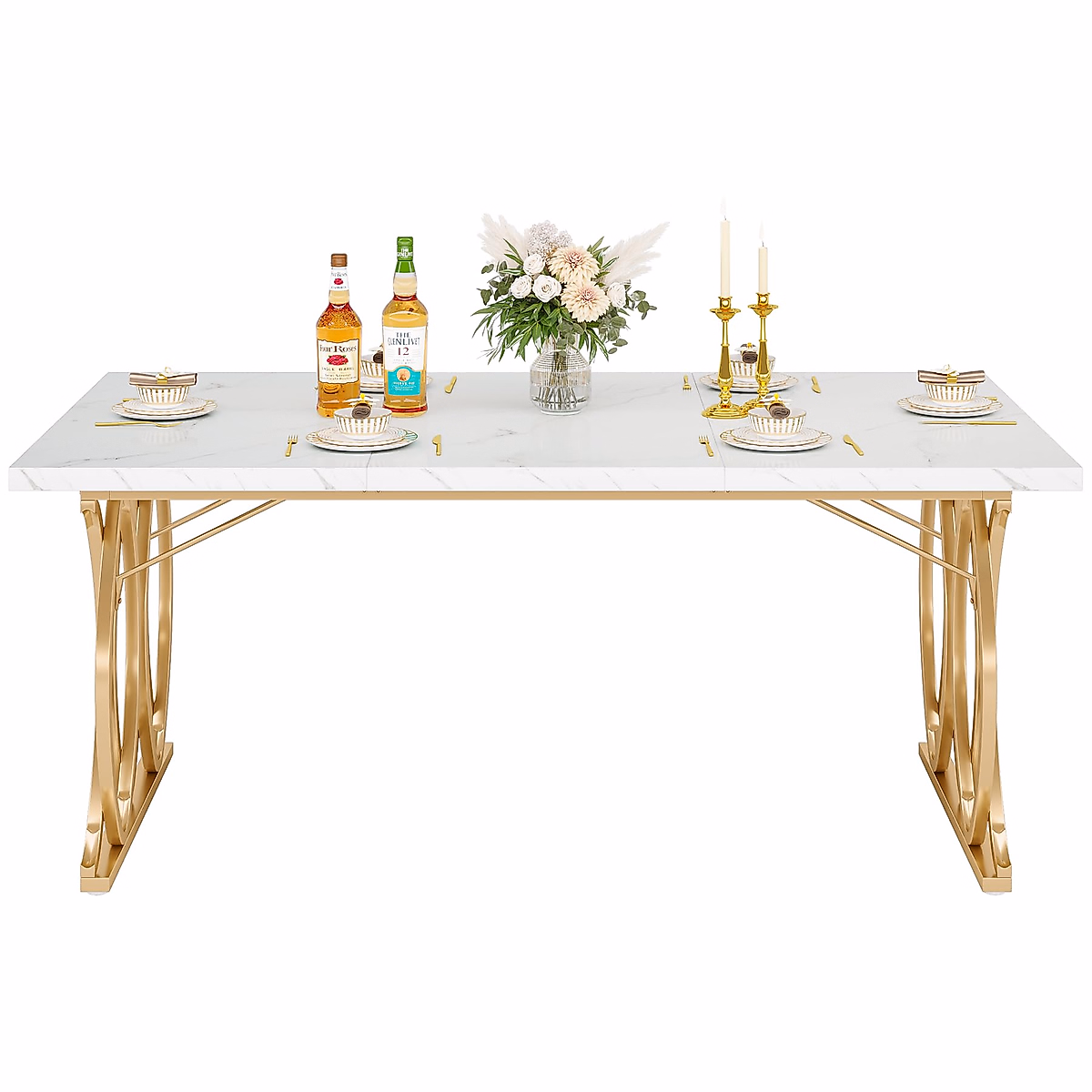 Tribesigns Modern Dining Table for 4-6 People, 63" Large Rectangular Kitchen Table with Faux Marble Tabletop and Gold Geometric Legs, Unique Dinner Table Kitchen & Dining Room Furniture, White & Gold