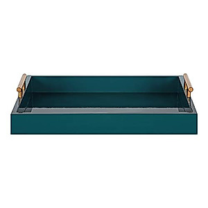 Kate and Laurel Lipton Mid Century Modern Decorative Wood Tray with Brushed Gold Metal Handles, Dark Teal