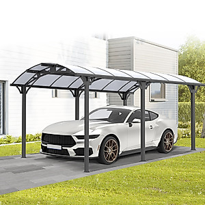 Real Relax 12 x 16 ft Metal Carport Kits with Polycarbonate Panel, Heavy Duty Metal Carport Canopy, Outdoor Car Tent Metal Garage Shelter for Car, Truck and Boats, Grey