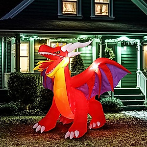 6 FT Halloween Inflatable Fire Dragon, Blow-up Red Dragon with Wings, Holiday Yard Decoration with LED Flash Light,Ground Stakes, for Lawn Yard Garden