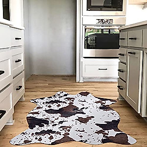 Fixseed Faux Fur Cowhide Rug for Living Room, 4.6 x 5.2 Feet Cute Non Slip Animal Print Area Rug, Cow Hide Print Rug for Western Home Decor