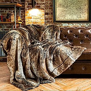 BATTILO HOME Luxury Brown Faux Fur Blanket Thick Warm Elegant Cozy Fuzzy Fur Throw Blankets for Couch, Bed, Sofa Fluffy Blankets Decorative Throw Blanket Reversible to Plush Velvet, 50"x60"