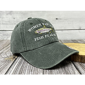 Shenbors Embroidered Women Want Me Fish Fear Me Hat for Men, Army Green Outdoors Fishing Snapback Dad Hat, Adjustable Baseball Cap