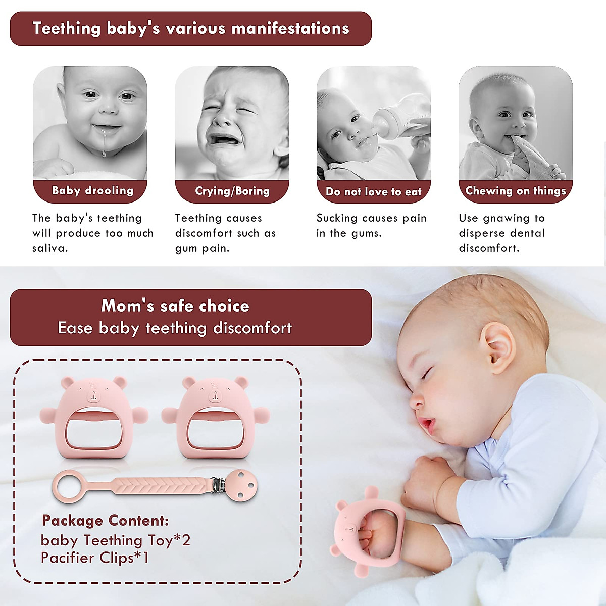 Baby Teether for 0-6 Months 2 Pack Never Drop Baby Teething Toys for 6-12 Months+1 Pack Pacifier Clip,Silicone Baby Chew Toys for Infant Sucking Needs,Baby Toys 3-6 Month Baby Mitten Teether（Pink）