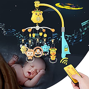Yuanlebao Crib Mobile for Pack and Play,Baby Crib Toys with Light and Music, Rotation,Timing, Toddlers Toy for Remote Lamp, Projector for Crib Accessories,Nursery Toys for Infant 3M+（Yellow）
